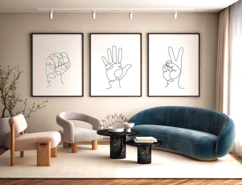 Set of 3, Rock Paper Scissors Line Art, Minimalist, Continuous Line ...