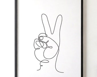 Hand Peace Sign Line Drawing