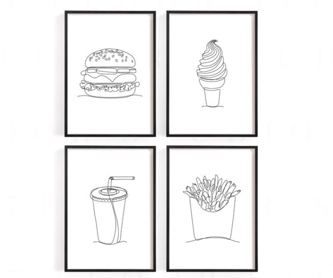 Set of 4, Fast Foods One Line Art, Burger, French Fries, Soft Drink ...