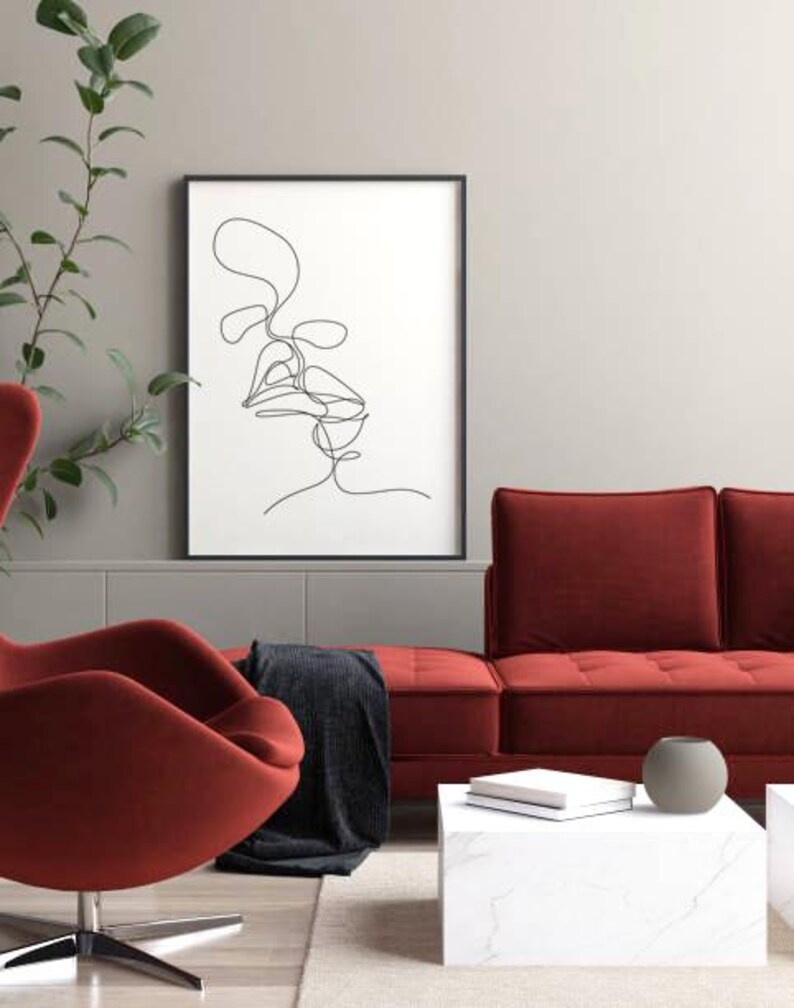 Abstract Couple Kissing One Line Art Print: Minimalist Home Decor ...