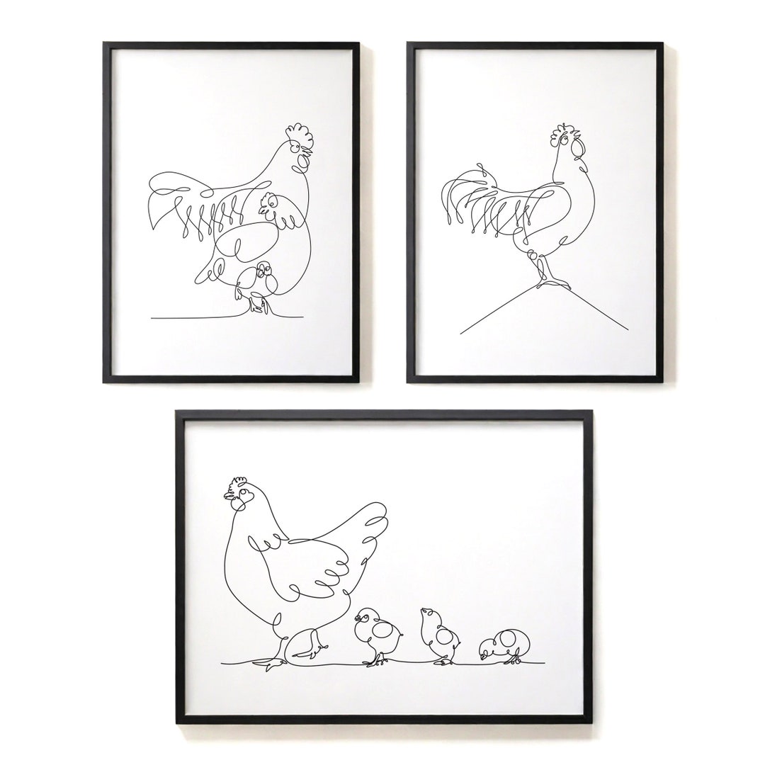 Set of 3, Chicken Family Line Art, Rooster, Hen, Chick, Easter ...