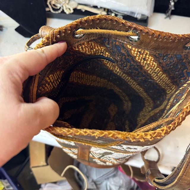 Vintage Woven Leather Bucket Bag With Aztec-inspired Pattern ...