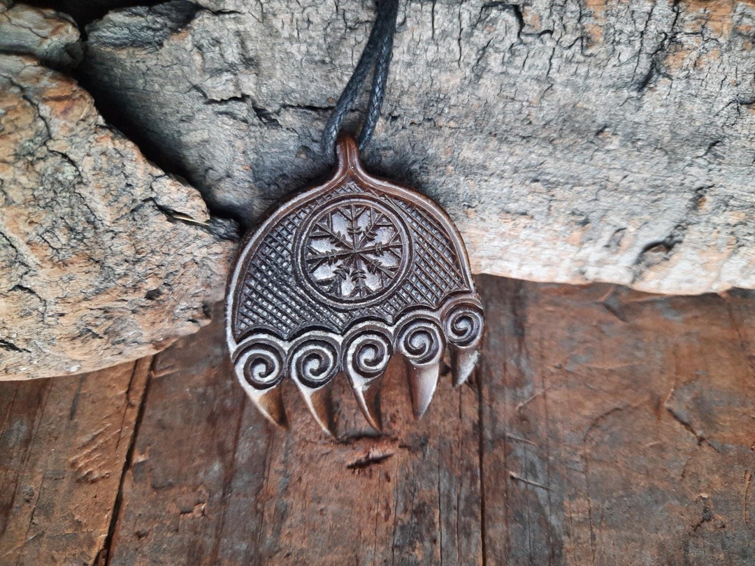Hand-carved Antler Bear Paw Amulet, Helm of Awe, Norse Pagan Talisman ...