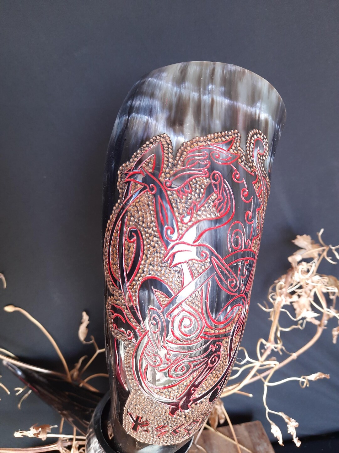 Fenrir Viking Drinking Horn: Engraved SKOL & Norse Wolf, Buffalo Horn ...