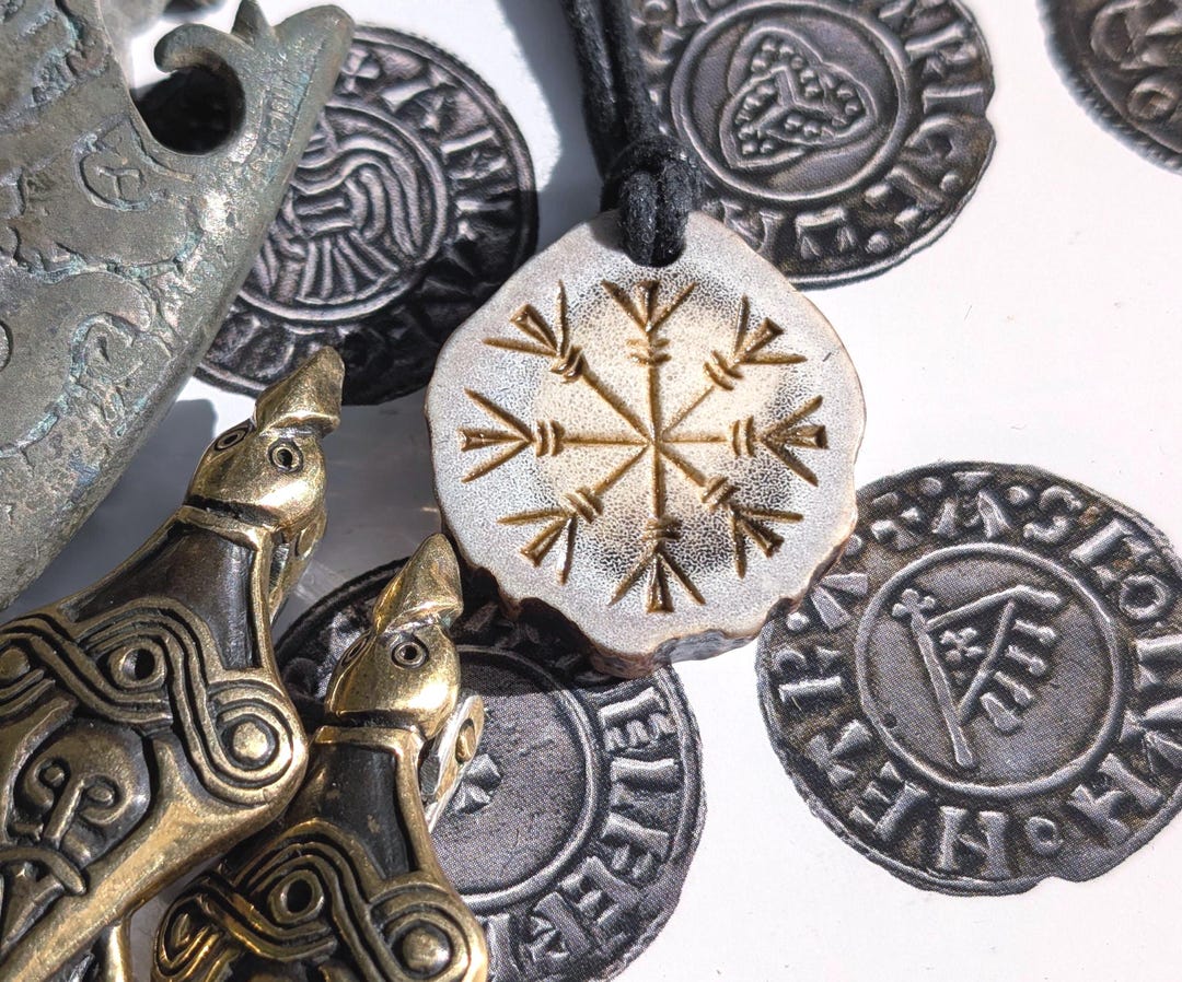 Helm of Awe & Bind Rune of Courage Amulet / Hand-carved in Moose Antler ...