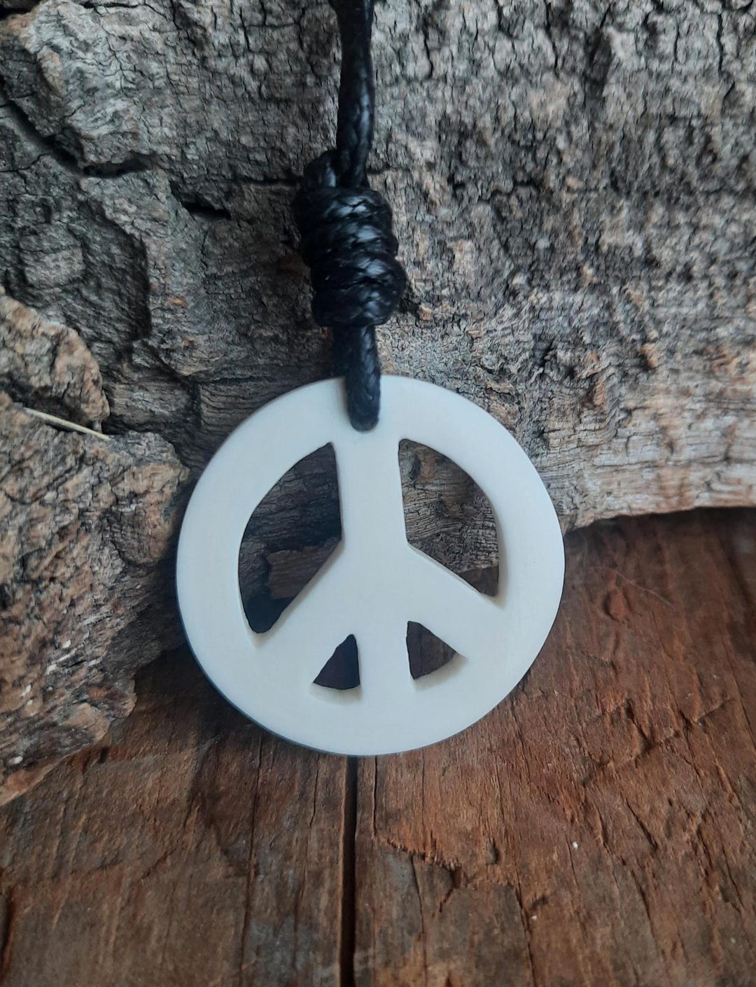 Hand-carved Bone Peace Sign Necklace: Boho Hippie Pendant | Pacifica ...