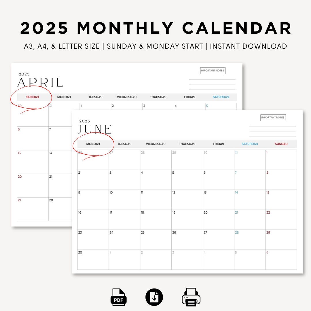 2025 Minimalist Monthly Calendar With Notes, Printable 2025 Calendar ...
