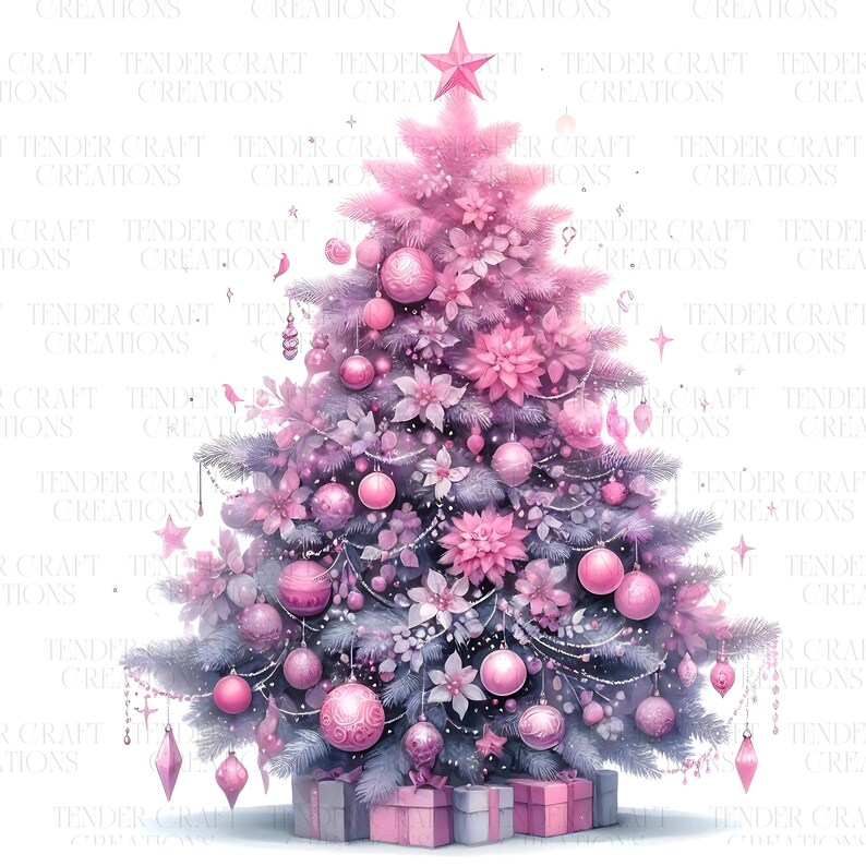 6 Pink Christmas Tree Clipart, High Quality JPEG, Printable Watercolour ...