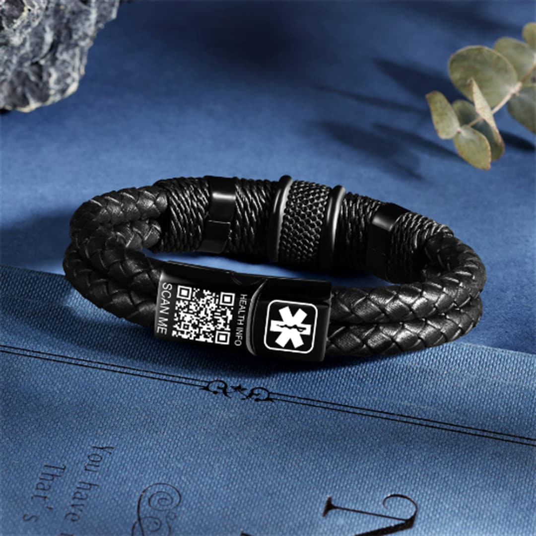 Personalized Chic PU Leather Medical ID Bracelet With QR Code,leather ...
