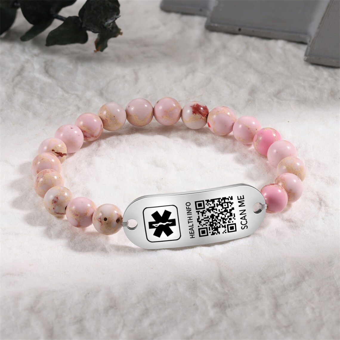 Custom Qr Code Medical ID Beaded Bracele, Custom Engraved Medical ID ...