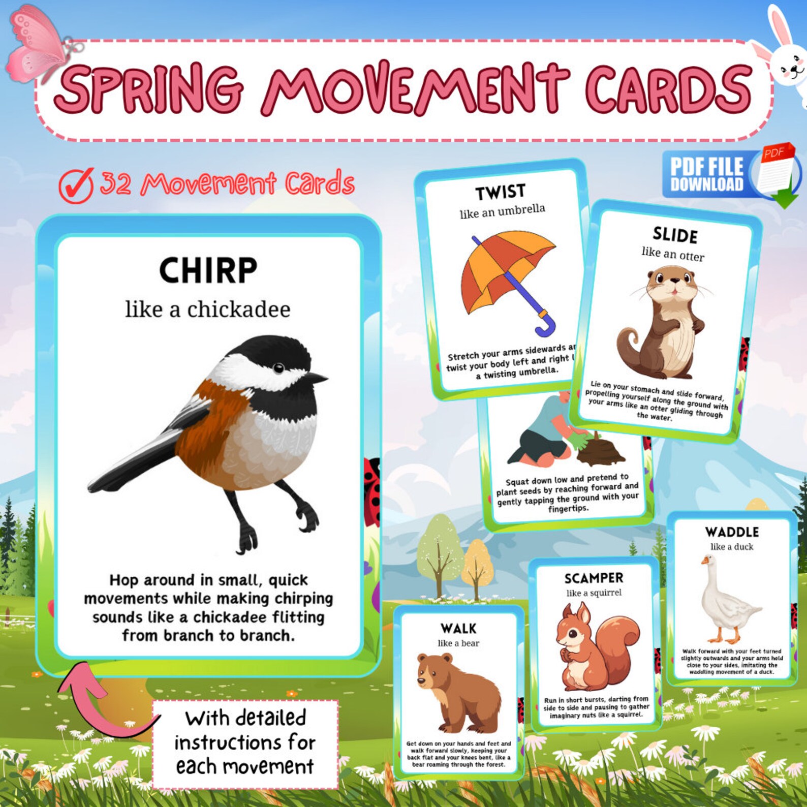 Animal Movement Cards Montessori Flashcards Handprint Keepsake ...