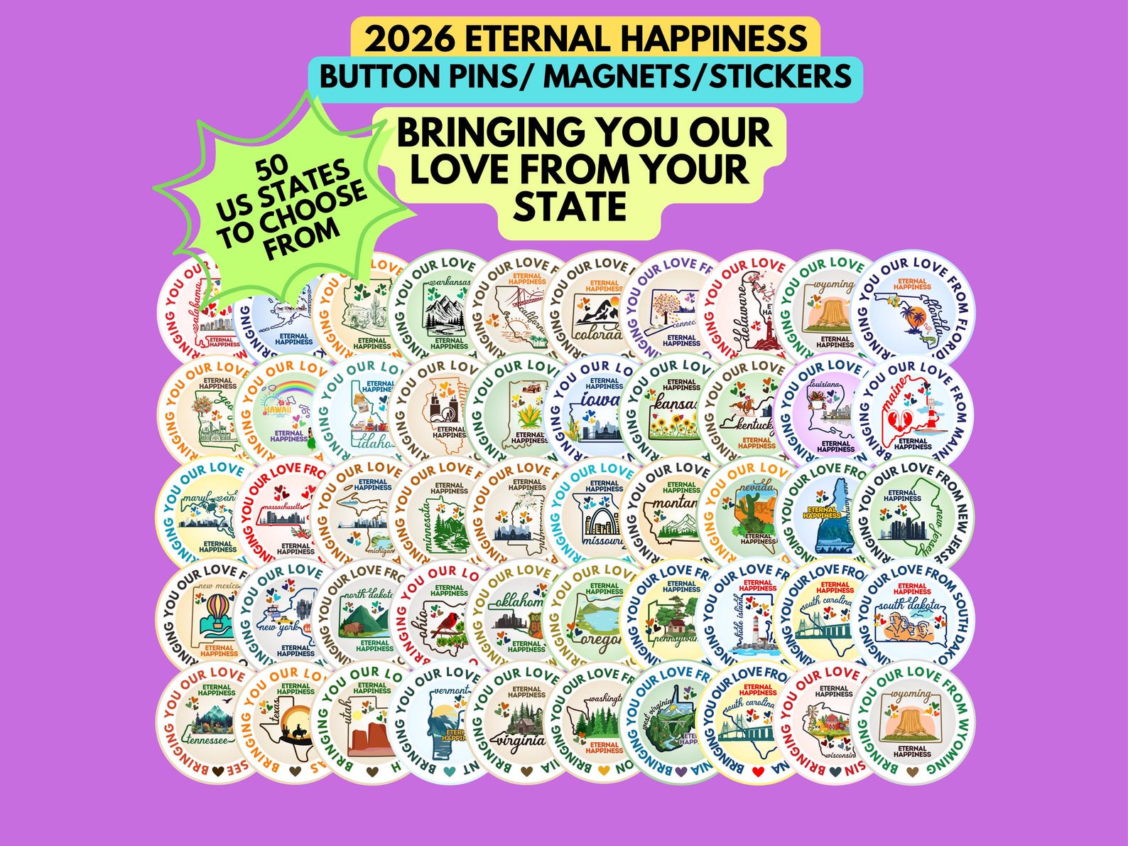 State Outline-bringing Our Love 2026 Eternal Happiness Button Pins ...