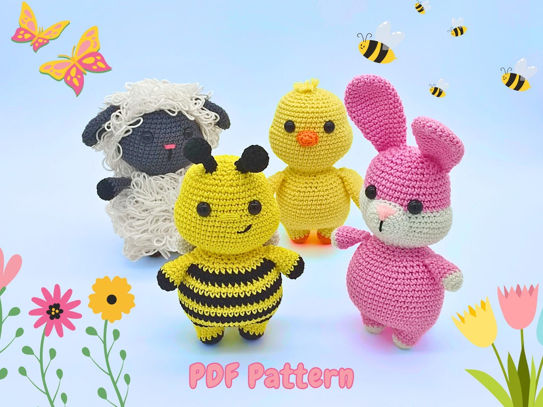 Easter Crochet Pattern Bundle – Cute Amigurumi Bunny, Chick, Lamb & Bee Chunky Plushies ...