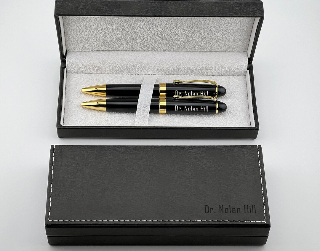 Personalized Black Pen Set, Engraved Ball Pen in Leather Box, Office ...