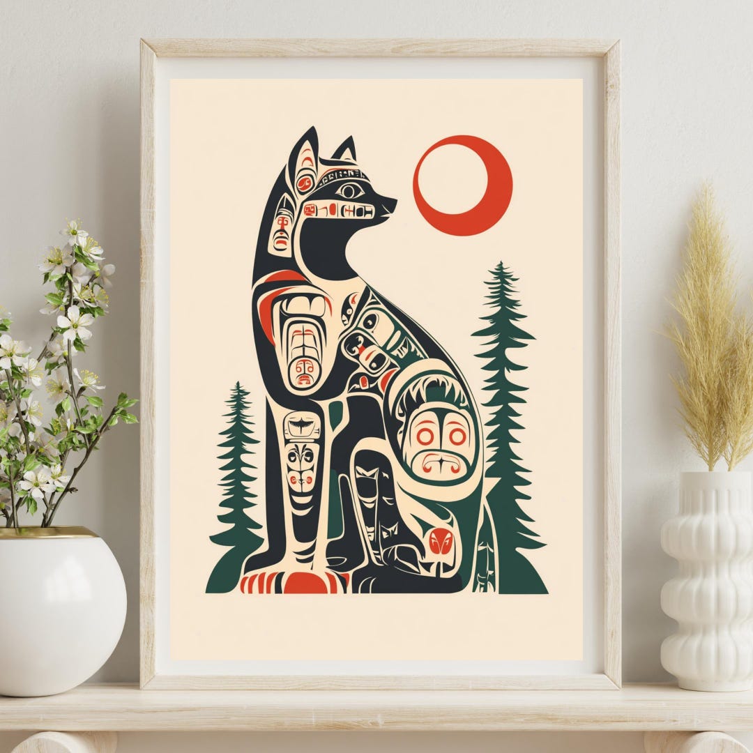 Haida Cat Poster, Indigenous Art Print, Tribal Cat Illustration, Animal ...