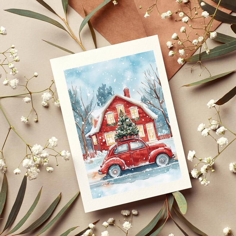 Winter Wonderland Print: Red Car, Christmas Tree (digital Postcard) - Etsy