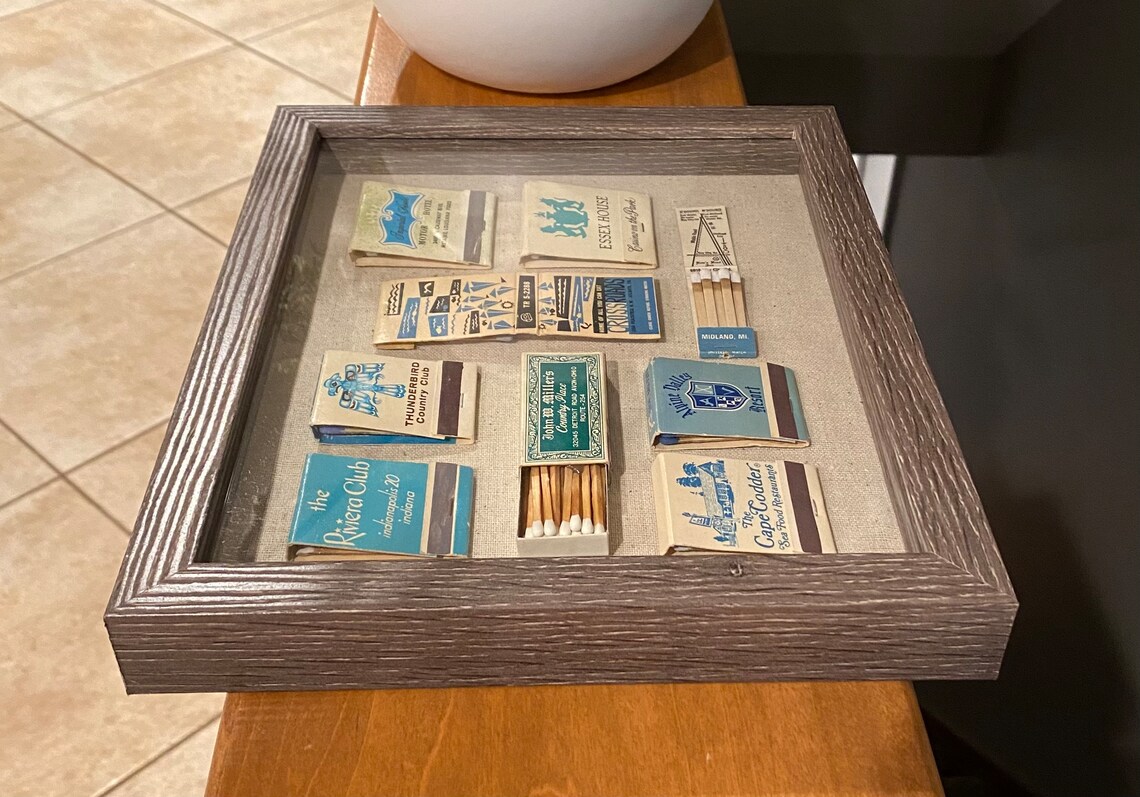 Framed Shadow Box of Vintage Matches Matchbook Artwork in Neutral Blue ...