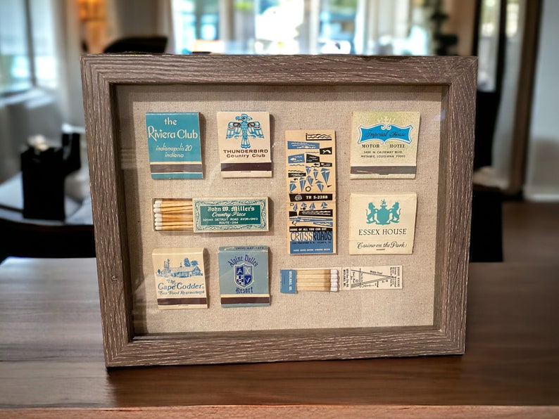 Framed Shadow Box of Vintage Matches Matchbook Artwork in Neutral Blue ...
