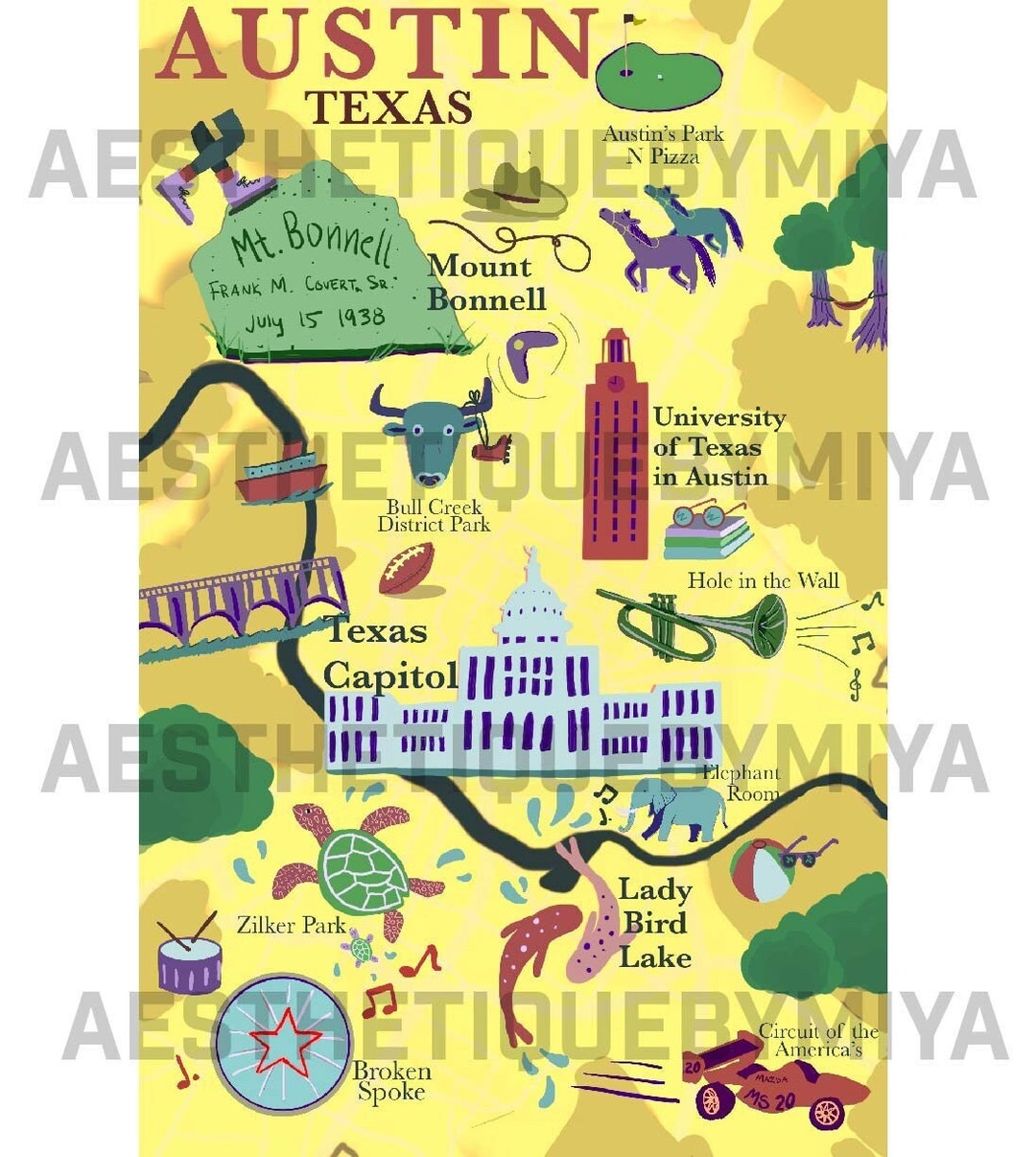 Austin Texas Graphic Map With Pngs - Etsy
