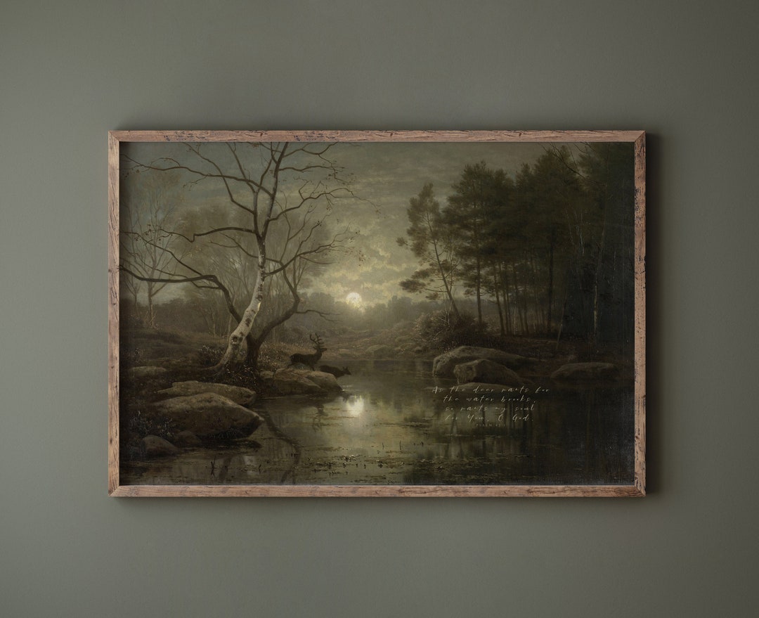 Vintage Deer Painting Scripture Print Download. Deer Landscape in Moody ...