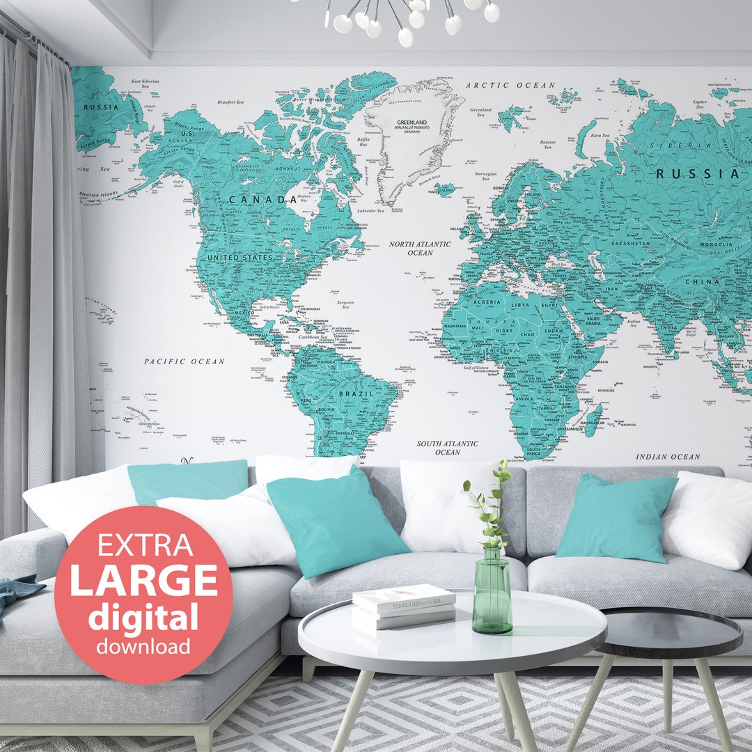 Digital Turquoise World Map Art Print for Posters & Wall Decor Instant Download Printable Map ...
