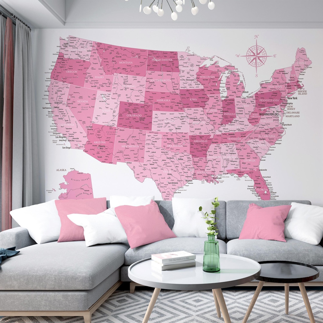 Pink USA Map Poster - United States Wall Art, Rose Girls Room Decor ...