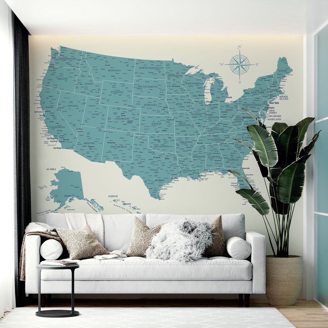USA Map Digital Download Blue Beige Print - High Res United States Map ...