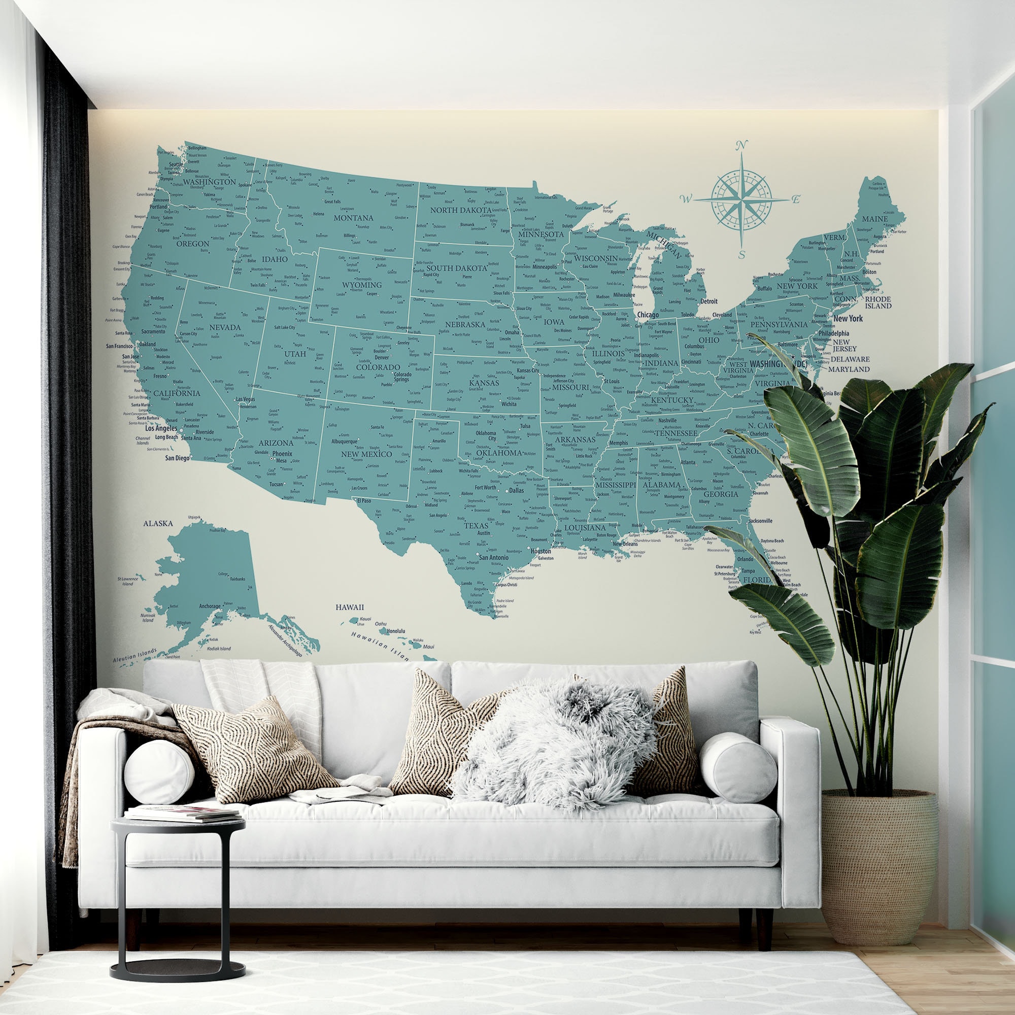 USA Map Digital Download Blue & Beige Print, High Res United States Art ...