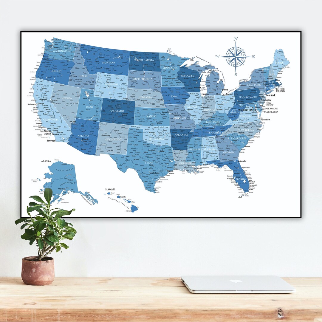 Printable USA Blue Map. United States Map Digital Download. Large US ...