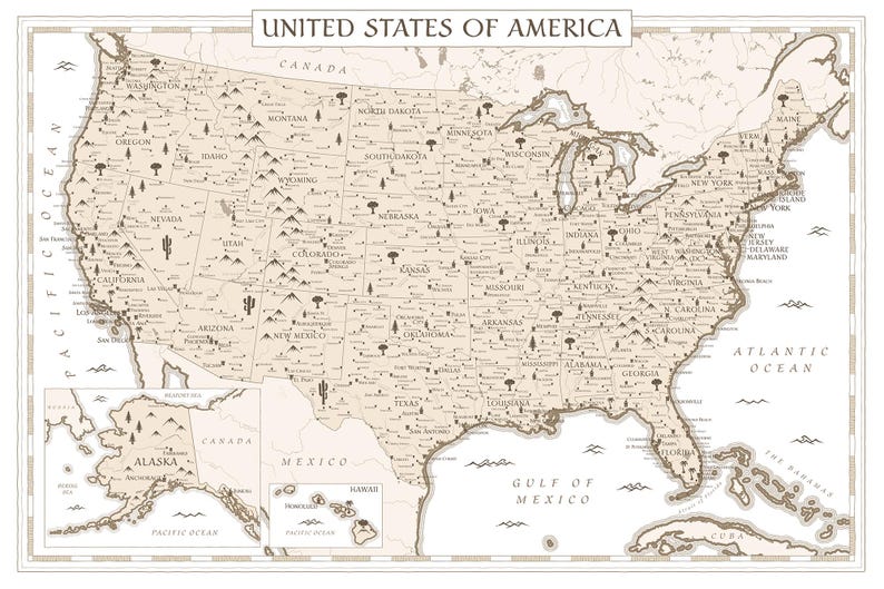 Detailed United States Map Cartoon Style Map - Vintage USA Map Neutral ...