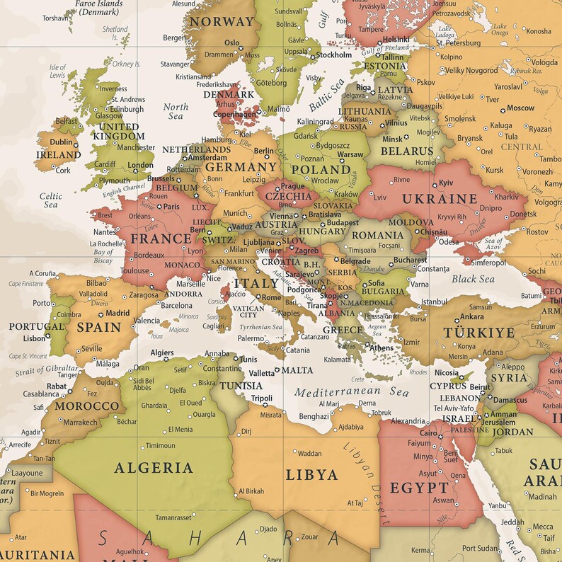 World Map With Flags Printable Set, Educational Wall Art, Neutral Beige ...