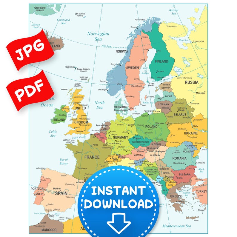 Printable Europe Map - Digital Download Poster - Political Map of ...