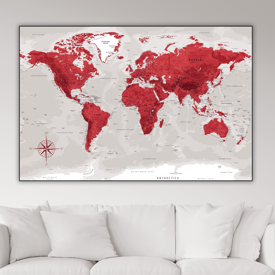 Red & Burgundy World Map - Printable Large Map Poster | Modern Map of ...