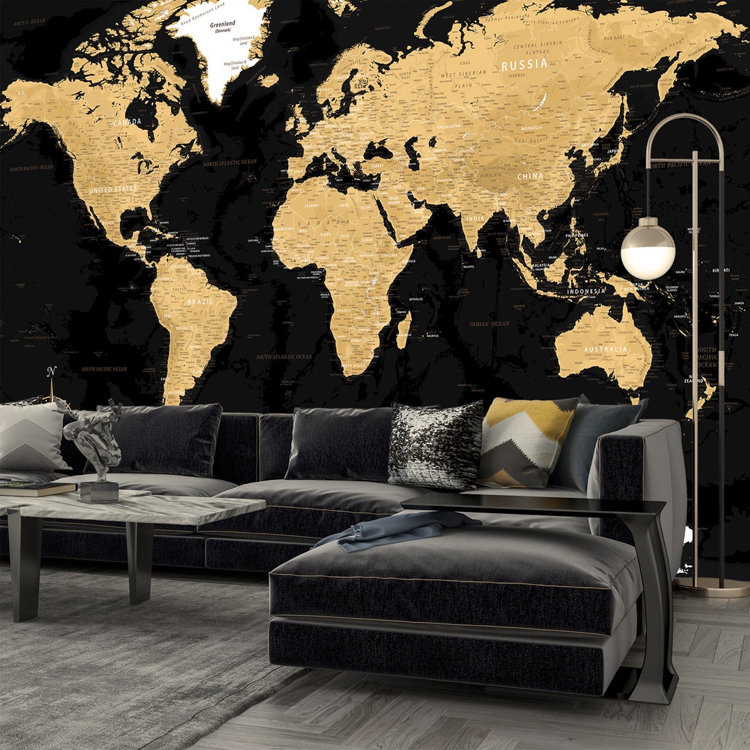 Modern Digital Black Gold World Map - Ideal for Posters & Print | High ...