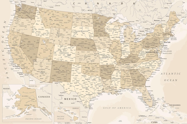 Neutral Beige World Map With USA Wall Art - Printable Posters Set of 2 ...