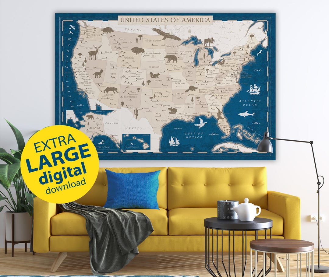 Map of USA Printable, USA Map Digital, Map With States, Vintage United ...