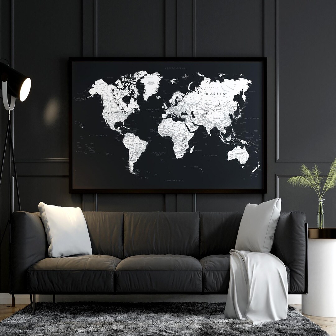 Printable Black and White World Map Wall Art | Large Black World Map ...