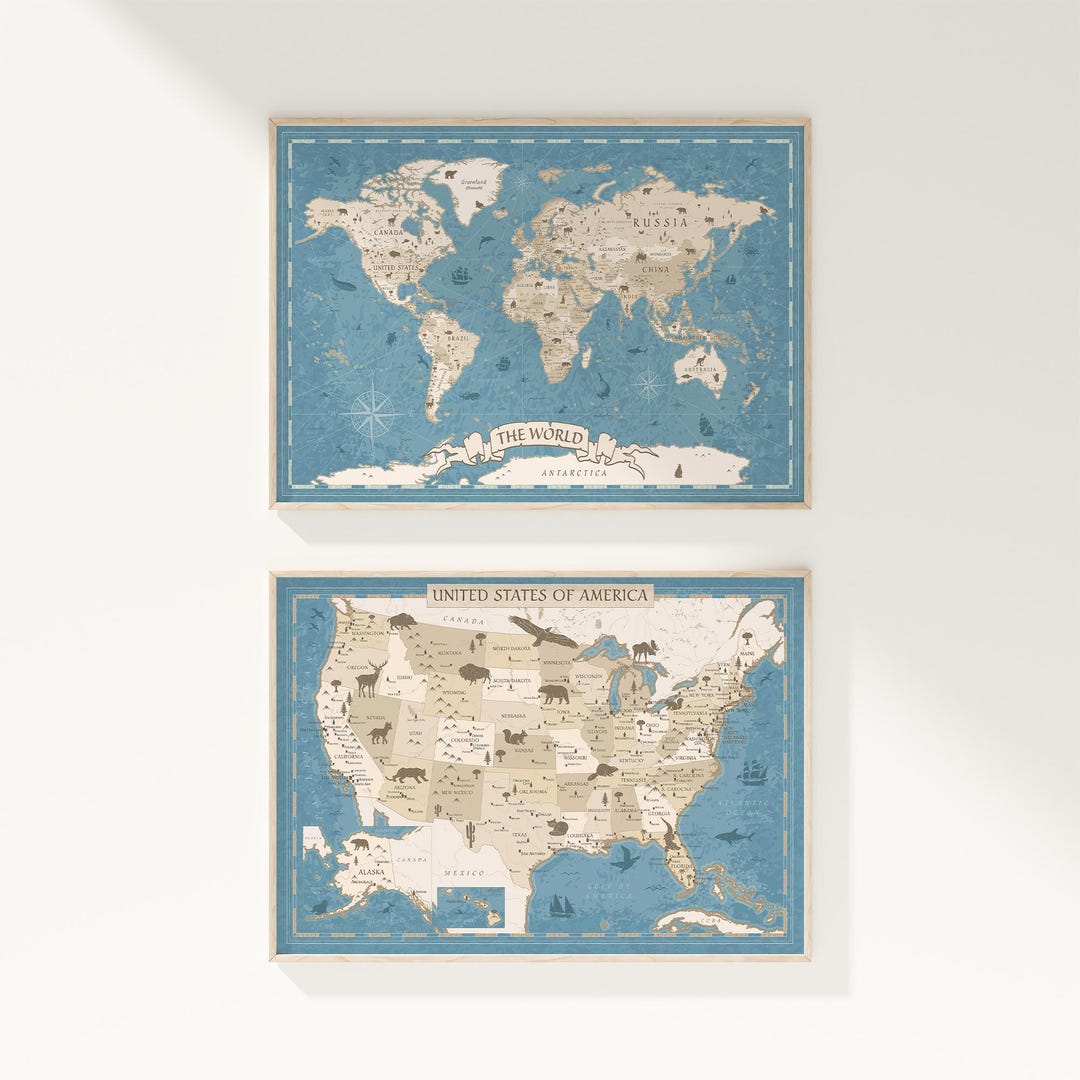 World Map With USA Map Printable Posters Set – Neutral Blue & Beige ...