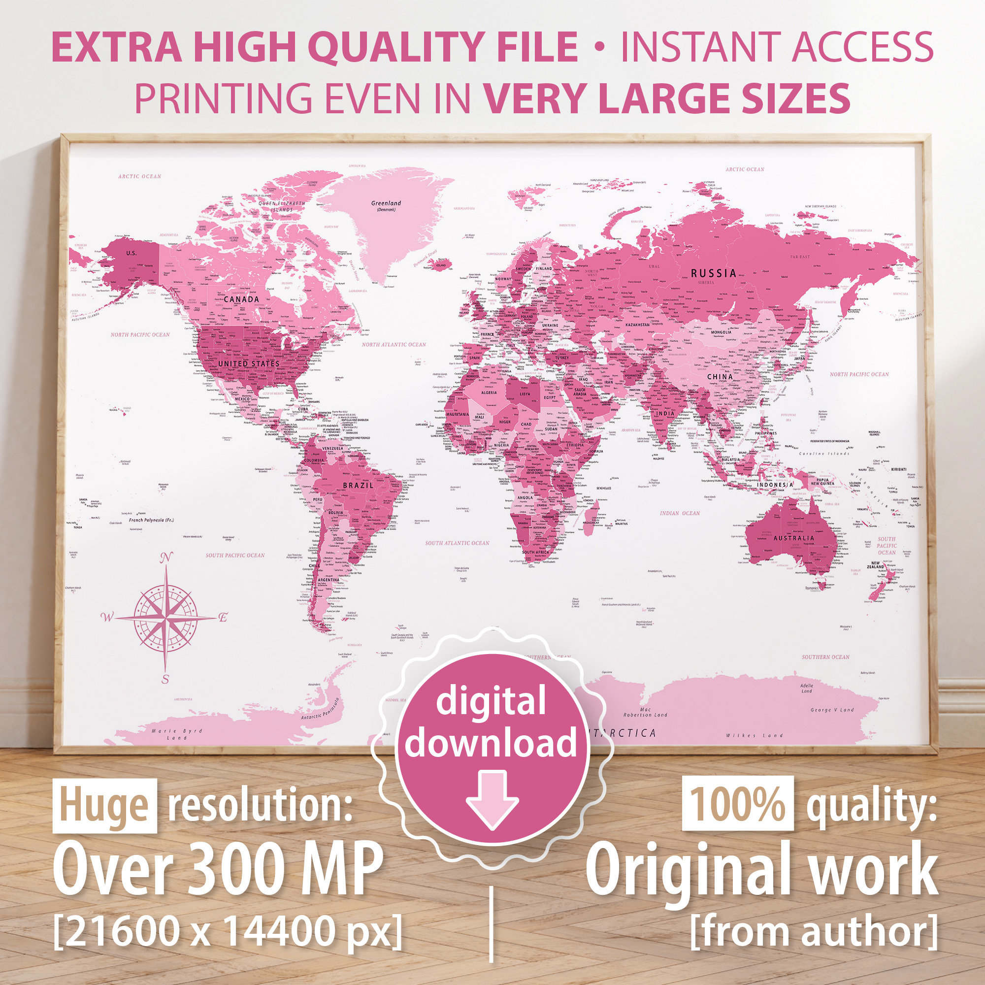 Pink World Map Digital Download Pink Wall Art Girls Gifts Kids Room Map ...