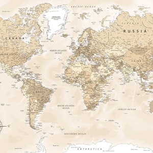 Beige World Map Printable – Detailed Political Map - Neutral Travel Map ...