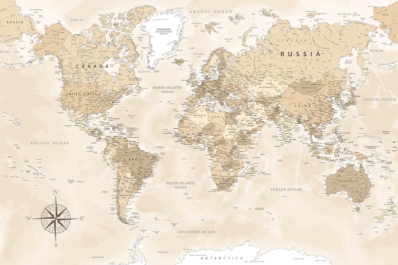 Map of the World With Countries Printable Beige & Brown World Map ...