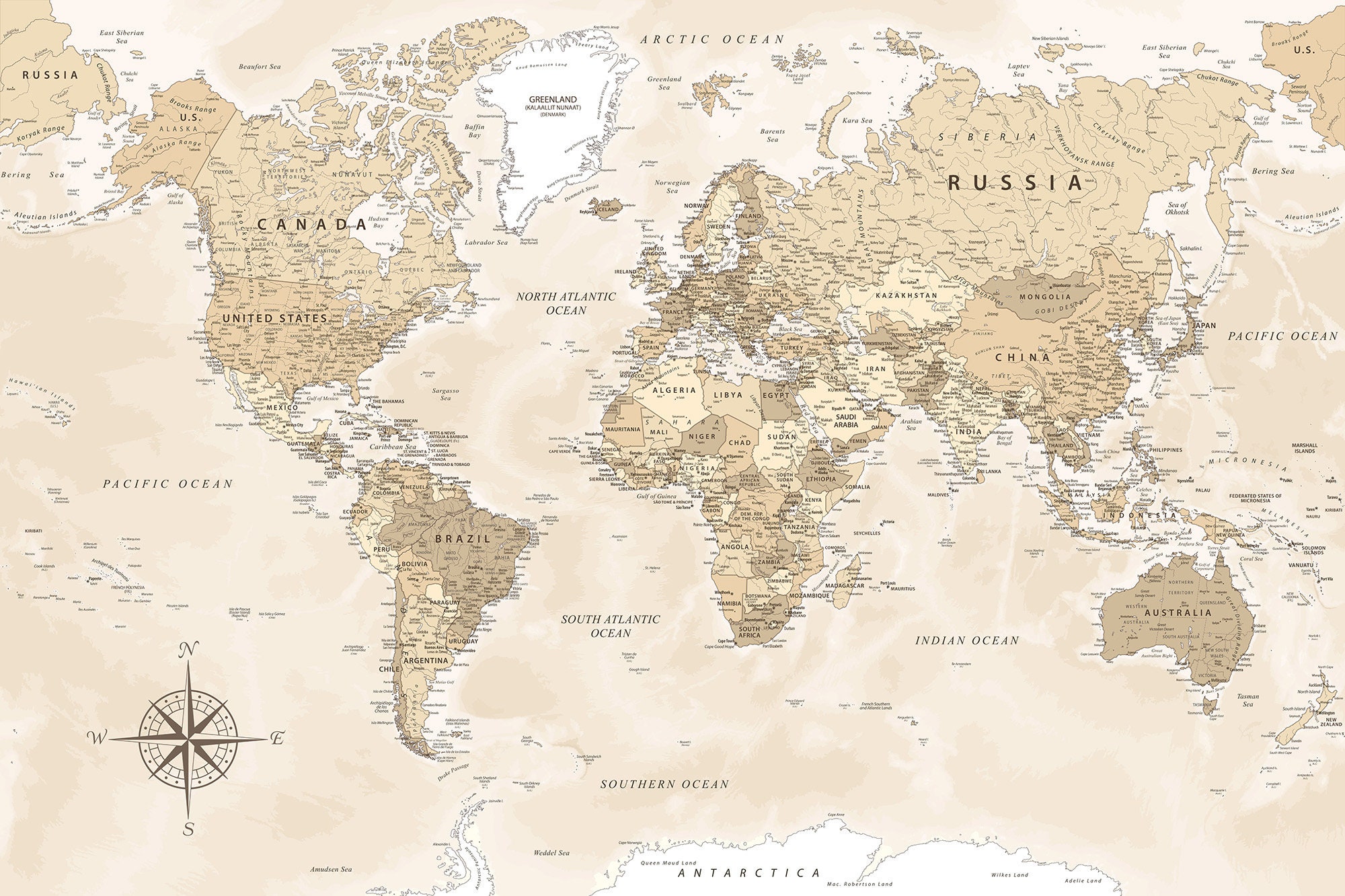 Map of the World With Countries - Printable Beige Map | Digital Neutral ...