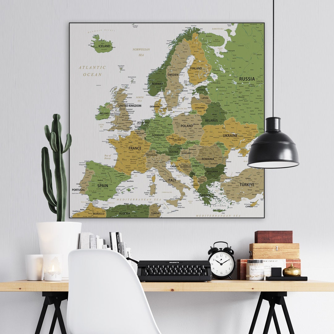 Europe Map Detailed Map of Europe Digital Download Green, Yellow ...