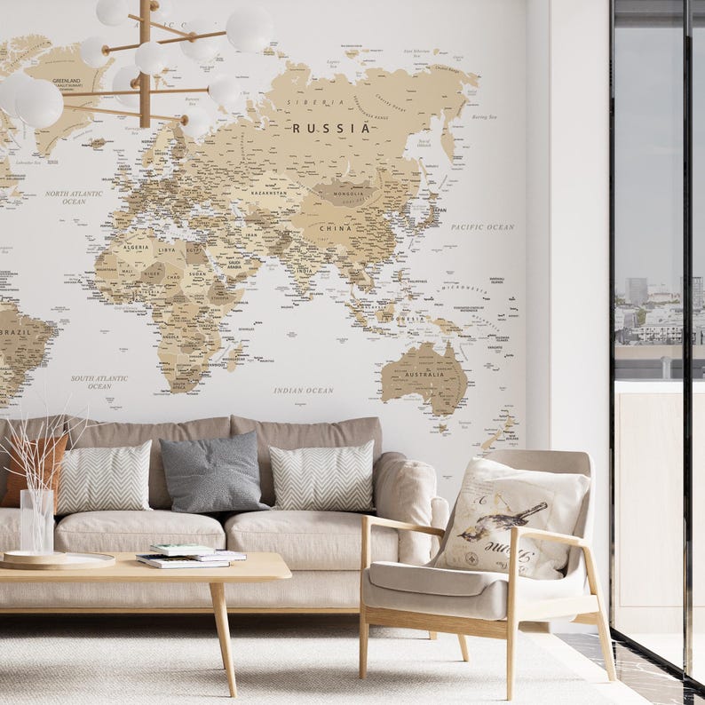 Detailed Printable World Map Neutral Beige Colors - Downloadable Large ...