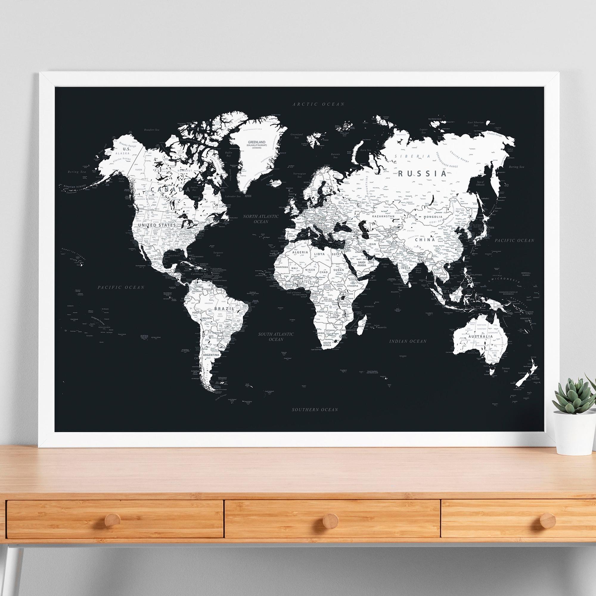 Printable Black and White World Map Wall Art | Large Black World Map ...