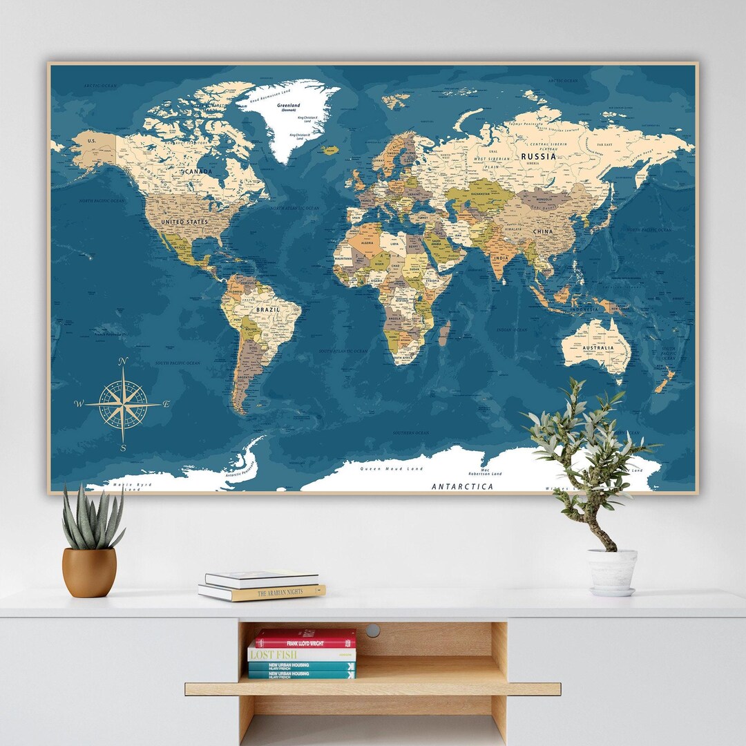 Detailed World Map With Countries - Neutral Tones Digital Download ...