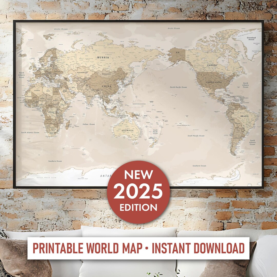 Printable Pacific-centered World Map in Earth Tones – Vintage Style ...