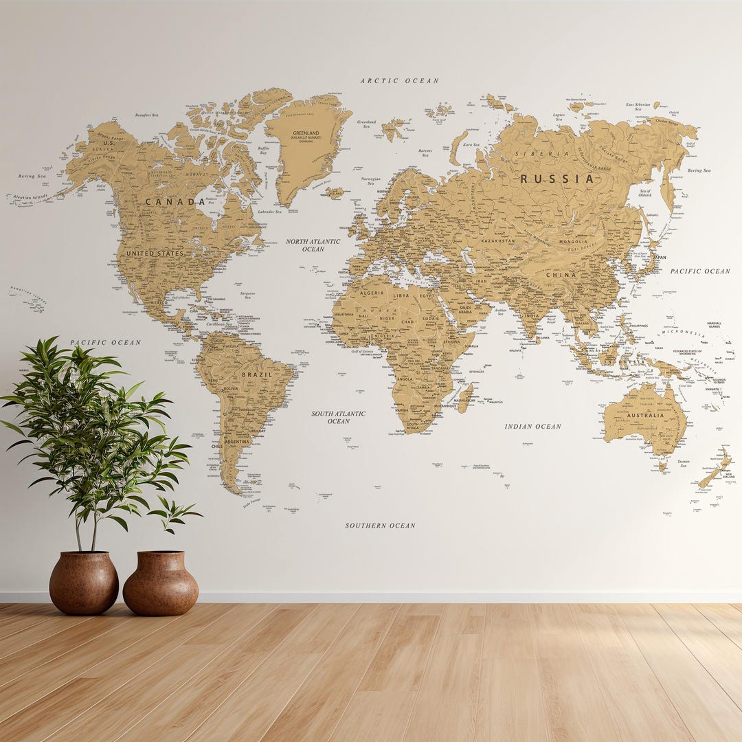 Printable Vintage Style Beige World Map, Earth Tones Wall Art, Digital ...