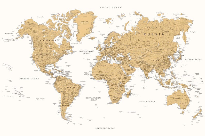 Printable XL Beige World Map - Vintage Style Wall Art, Digital Download ...