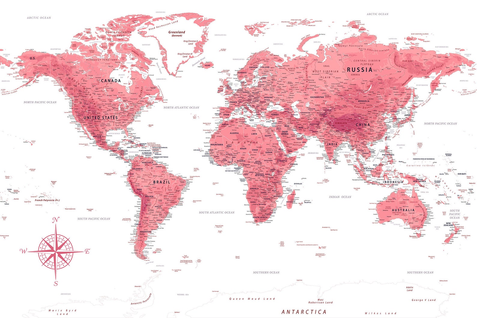 Elegante mapa del mundo rosa: mapa del mundo imprimible, póster de mapa ...
